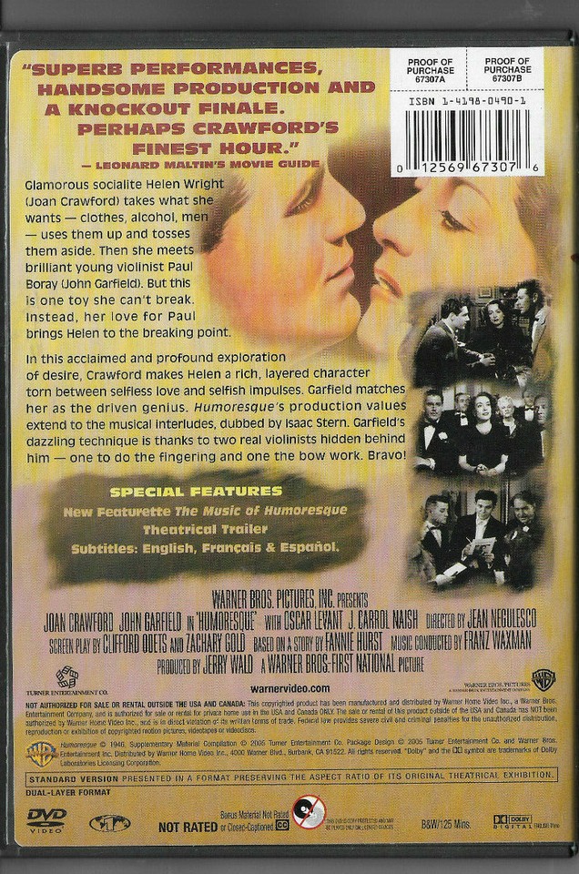 HUMORESQUE (DVD 1946) JOAN CRAWFORD, JOHN GARFIELD, (FREE SHIPPING ...