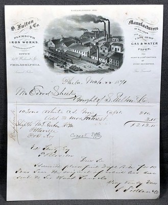 Antique Letterhead Ephemera S. Fulton Company Iron Works Phila PA 1871 ...