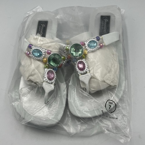 Grandco Sandals Smooth V-thong Bling White Size 7 COLORFUL JEWELED Flip ...
