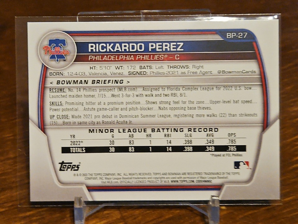 2023 Bowman 1st Bowman Rickardo Perez Paper Base BP-27 Phillies | eBay