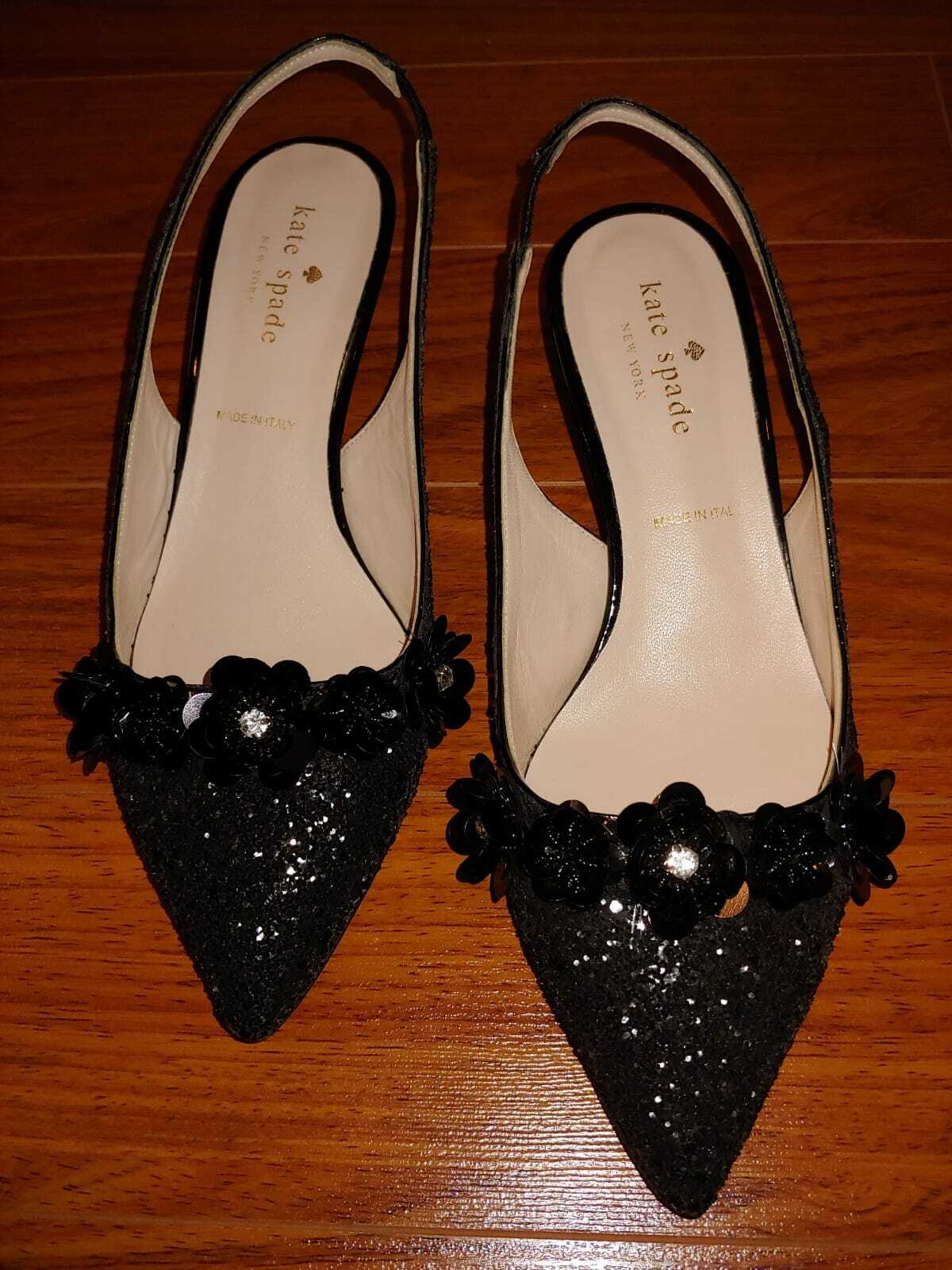 NEW KATE SPADE - Made In Italy - OLIMA Slingback Black Glitter Pumps Sz ...
