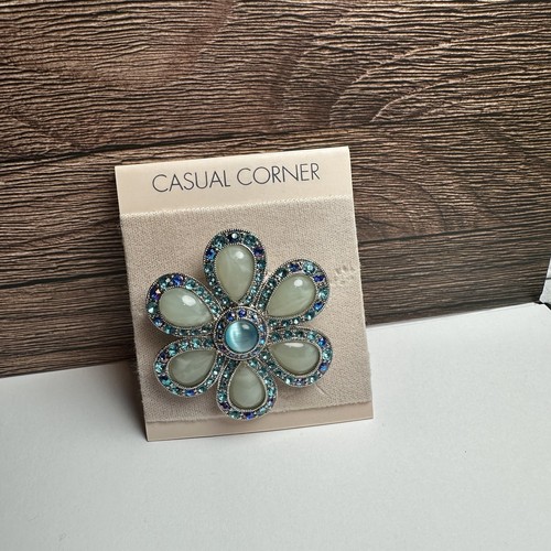 Casual Corner Flower Blue Rhinestone & Cabochon Brooch Pin Silver Tone ...