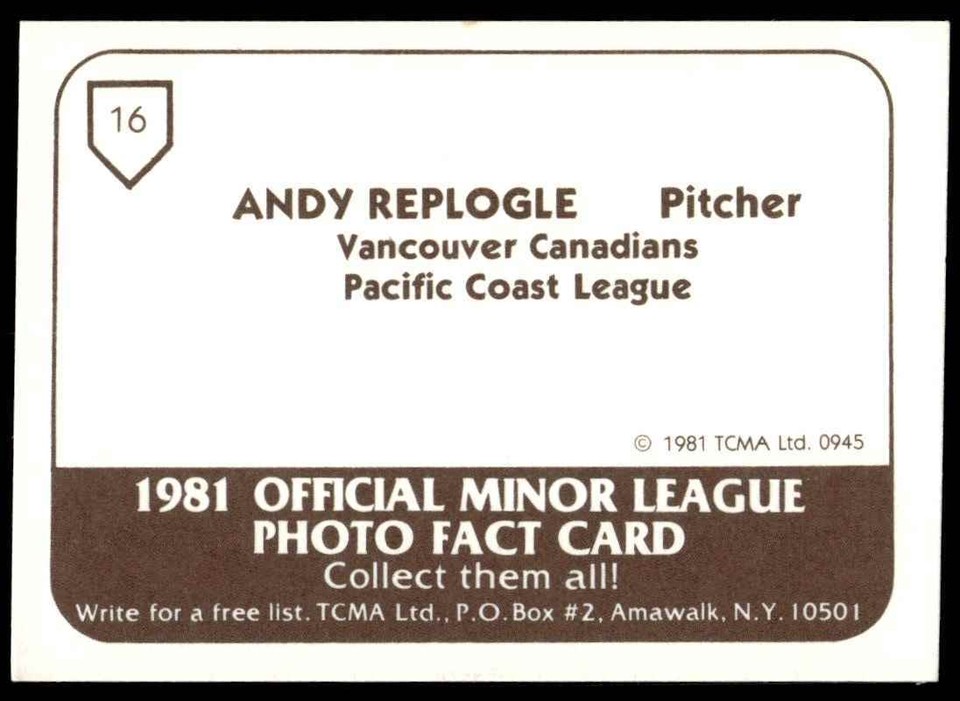 1981 TCMA Vancouver Canadians Andy Replogle Vancouver Canadians #16 | eBay
