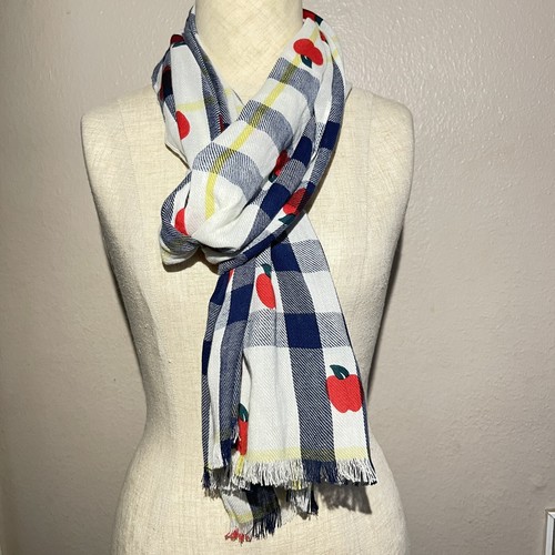 Talbots Tartan W/ Apples Scarf Wrap White Blue Yellow 17”x70” 100% ...