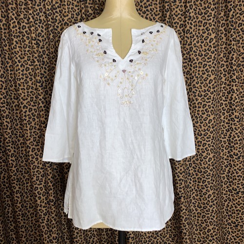 VTG Edward Irish Linen Beaded Embroidered Off White Darted Bias Cut Top ...