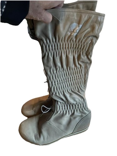 SOREL Women’s Putty Leather Elastic Ruched FIRENZY Tall Winter Boots 39 ...