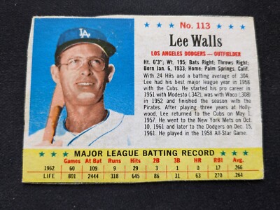 1963 Post Cereal Baseball Card # 113 Lee Walls - Los Angeles Dodgers ...