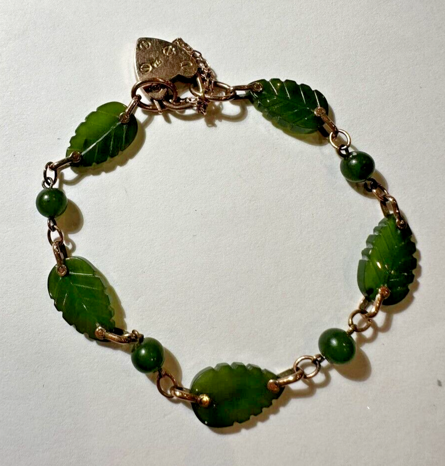 British Vint Carved Green Jade Jadeite Leaf 14K Gold Heart Padlock 7 ...