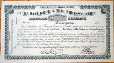 Baltimore and Ohio Southwestern Railroad 1890 Stock Scrip Certificate, B&O | eBay