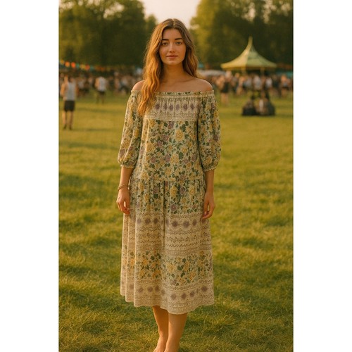 Mr.Mench Off Shoulder Dress Festival Vintage Large Floral Ruffle Long ...