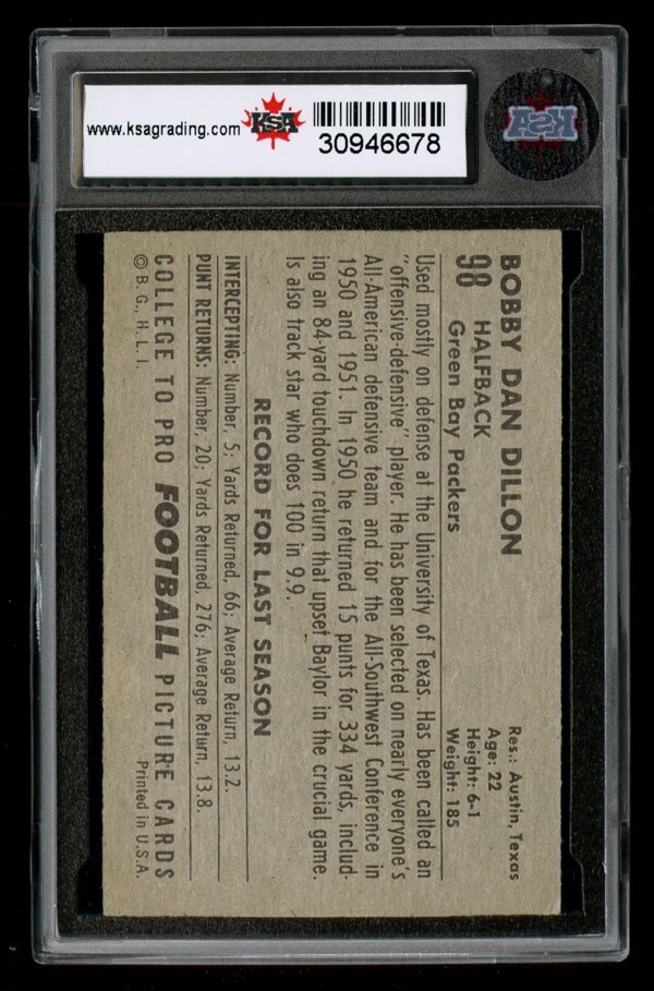 1952 BOWMAN LARGE 98 BOBBY DAN DILLON KSA 8 HOF ROOKIE CARD GREEN BAY ...