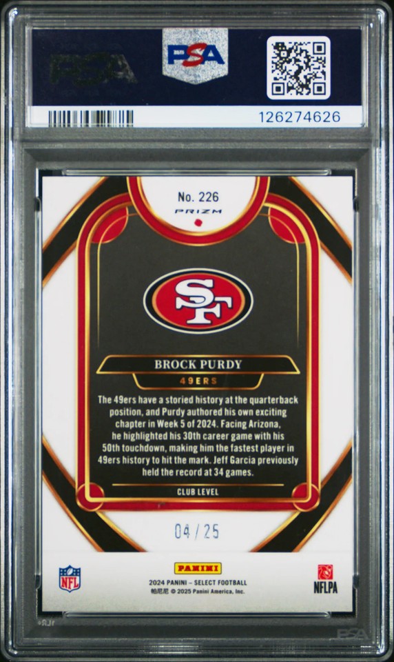 2024 Panini Select Brock Purdy Blue Disco Club Level /25 #226 PSA 10 ...