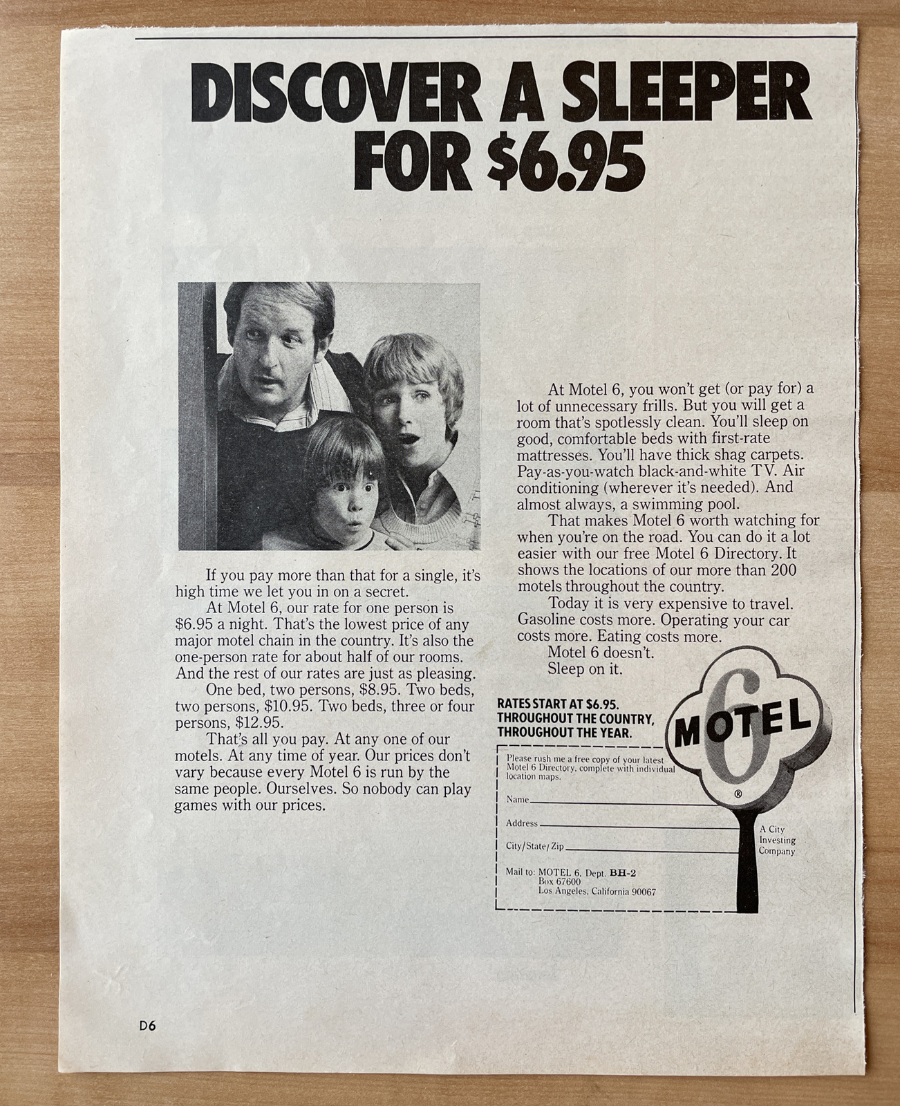 1975 PRINT AD MOTEL 6 PROMO Advertising Hotel Tourism Vintage $6.95 A ...