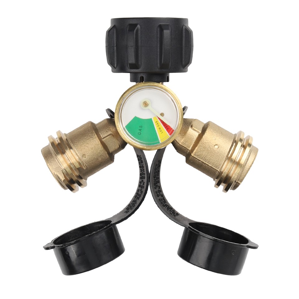 Propane Tank Y Splitter Adapter 2 Way LP Gas Tee Connector with Gauge ...