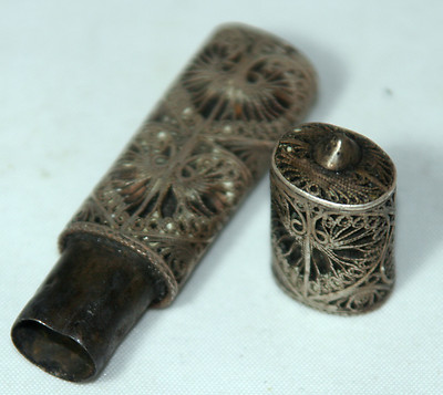 ORIGINAL ANTIQUE c1850 ~~ VICTORIAN SILVER SEWING Filigree NEEDLE CASE ...
