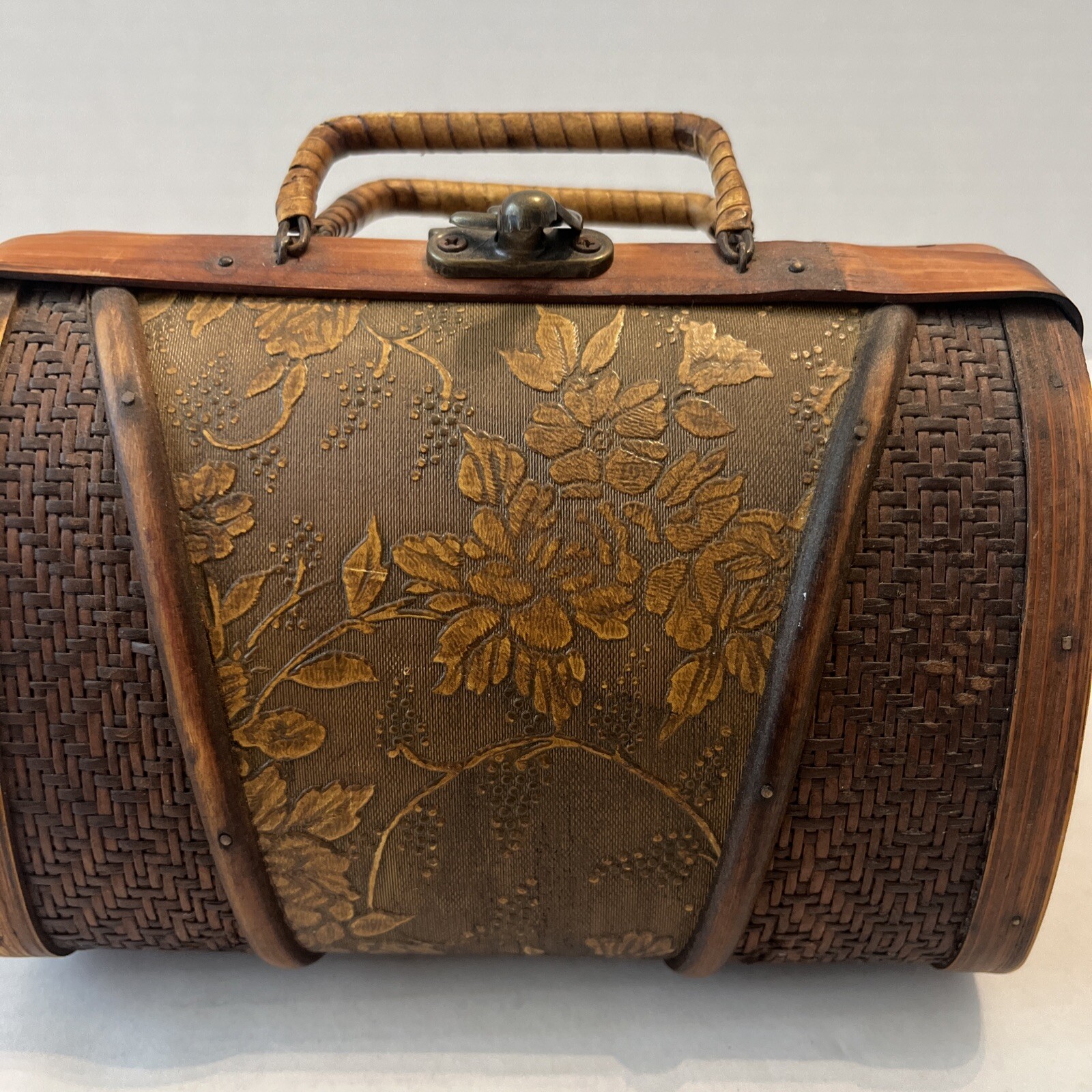 Vintage Boho Bamboo Asian Round Trunk Handbag Purse Embossed Roses | eBay