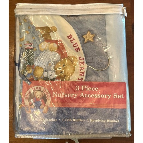 Vintage Blue Jean Teddy 3 Piece Nursery Accessory Set Diaper Receiving ...