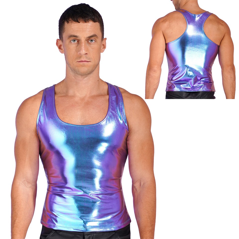 Men Shiny Metallic Sleeveless Muscle Tank Top Faux Leather Vest Tops ...