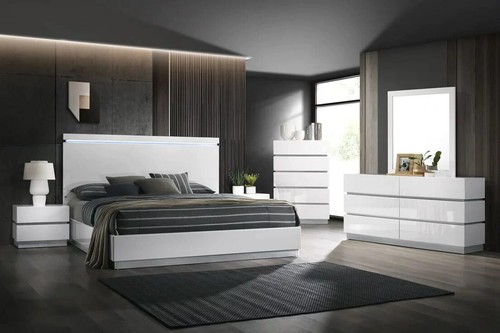 Modern Italian 5PC Gloss White LED Queen King Bedroom Set Minimalist ...