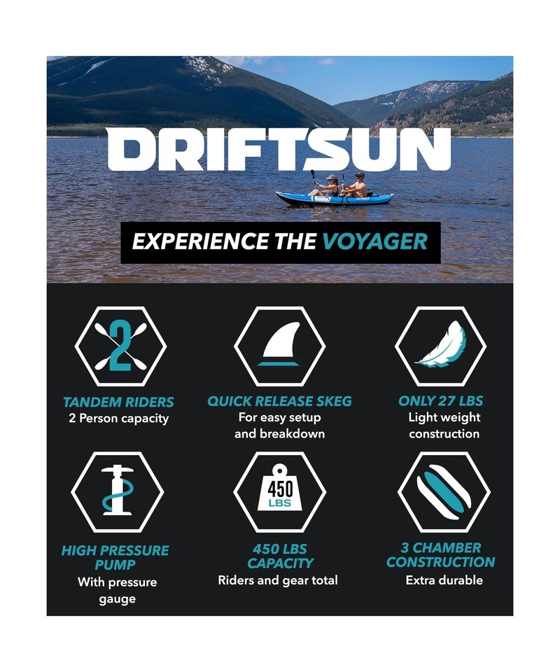 Driftsun Voyager Inflatable Kayak 2 Person Tandem, Foldable Kayaks for ...