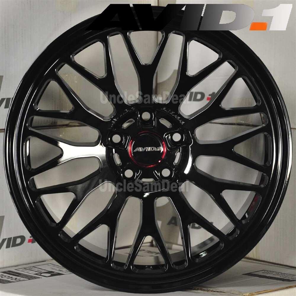 18x9.5 5x114.3 +35 OFFSET AVID.1 AV-44 GLOSS BLACK MESH SPOKES WHEELS ...