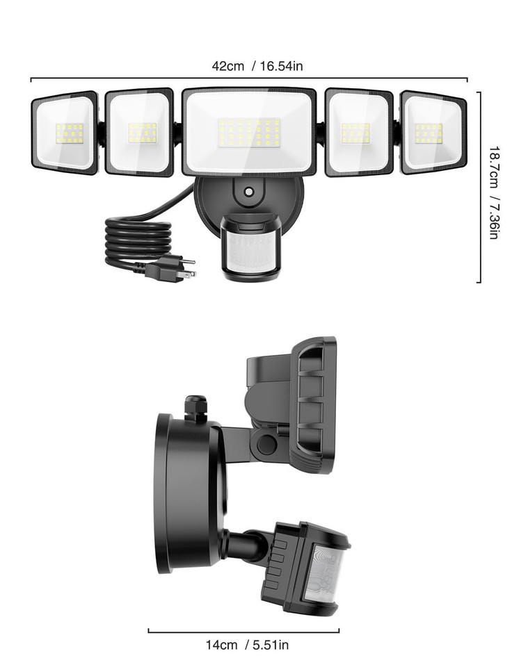 5000LM Motion Outdoor Lights Plug in, 5 Head Motion Flood Light Outdoor ...