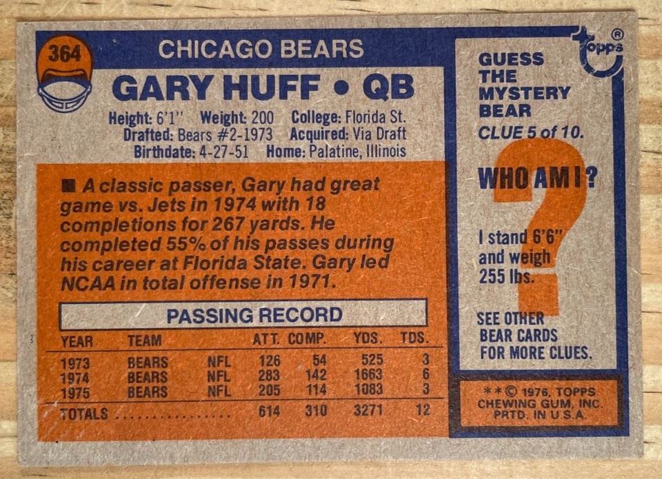 1976 TOPPS GARY HUFF CARD#364 CHICAGO BEARS BUCCANEERS FLORIDA ST ...