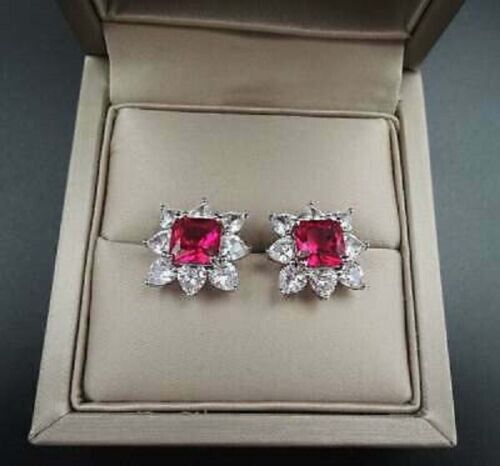 4Ct Lab Created Red Ruby Attractive Halo Stud Earrings 14K White Gold Finish | eBay