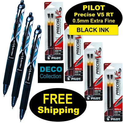 Pilot Precise V5 RT DECO 3 Pens, 4 Packs of Refills, Black Ink, 0.5mm ...