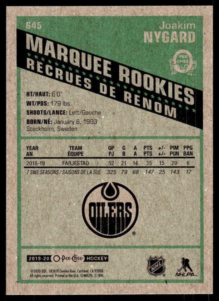 2019-20 OPC Marquee Rookies Joakim Nygard Rookie Edmonton Oilers #645 ...
