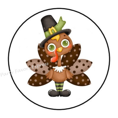 30 CUTE PILGRIM TURKEY THANKSGIVING ENVELOPE SEALS LABELS STICKERS 1.5 ...