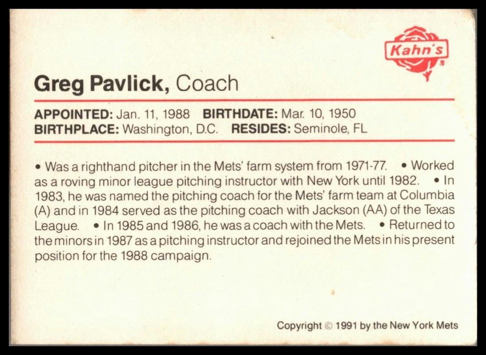 1991 KAHN'S TEAM SET #52 GREG PAVLICK NEW YORK METS/CH | eBay