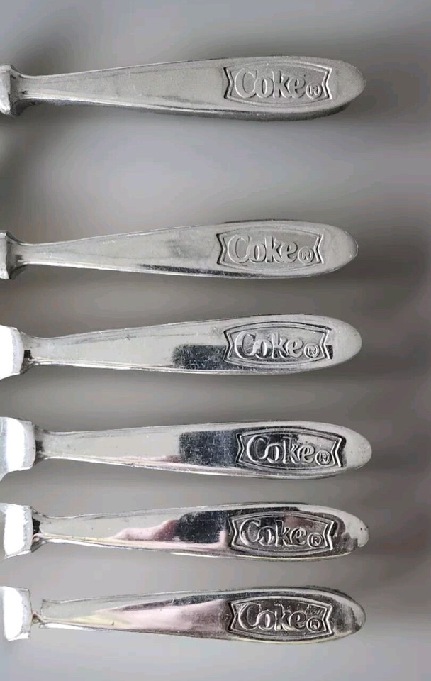 4 COKE Engraved Stainless Dinner Knives & 2 COKE Engraved Soup Spoons ...