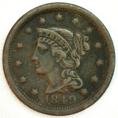 1849 Braided Hair US One Cent Penny Coin 1c Copper Coin Fine Large Cent ...