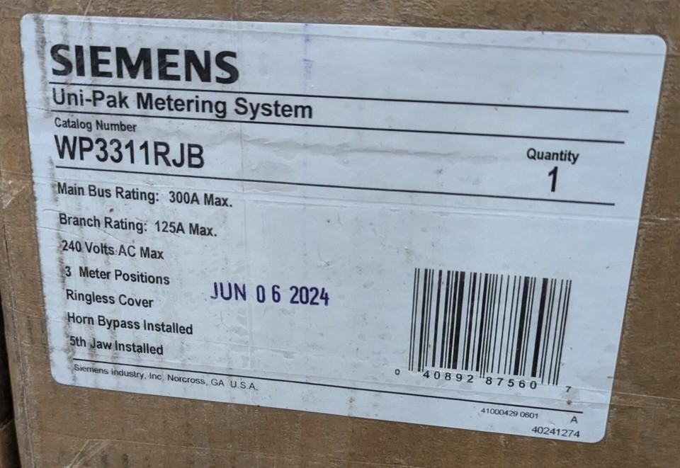 Siemens WP3311RJB 3-Gang 300A 125 Amp RINGLESS BYPASS UNI-PAK Meter ...