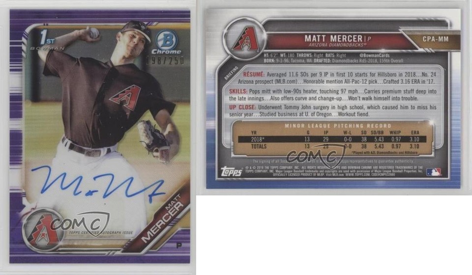 2019 Bowman Chrome Prospect Purple Refractor /250 Matt Mercer #CPA-MM ...