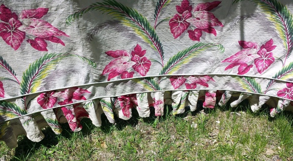 Vintage MCM BARKCLOTH Fabric Former Coverlet LG PINK Leaves Gray Green ...