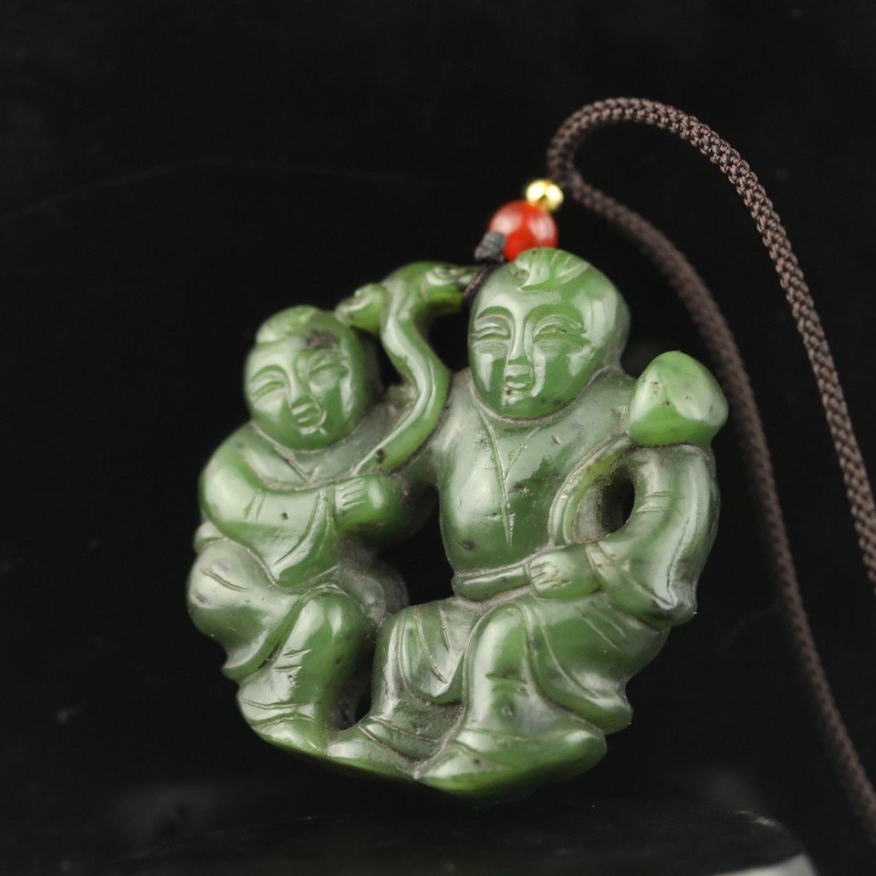China Natural hetian green Jade Hand Carved Statue boy buddha pendant f ...