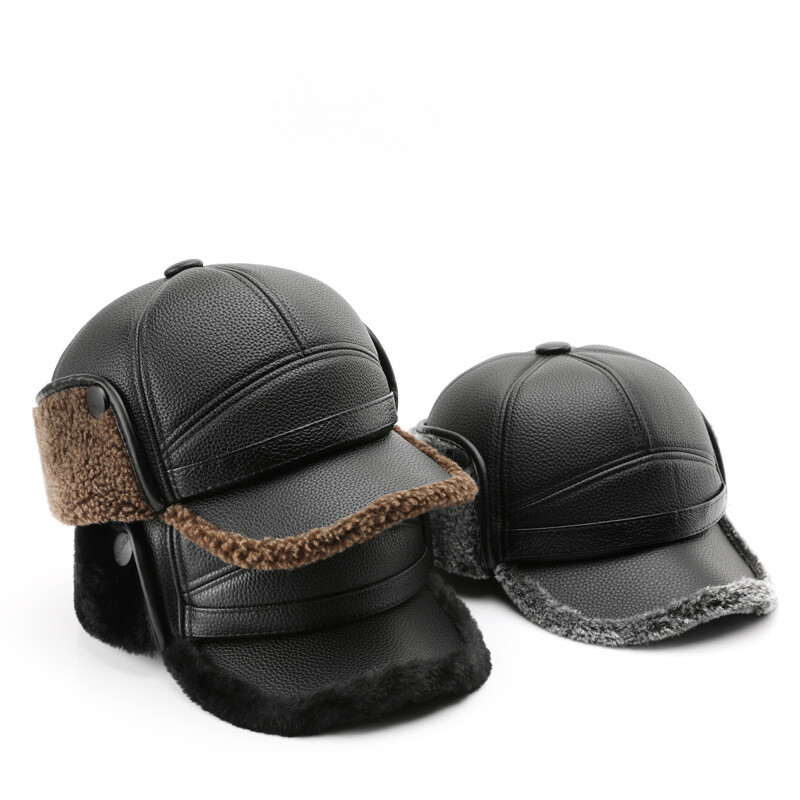 Men Faux Leather Baseball Cap Hat Earflap Trapper Hunting Warm Fleeced ...