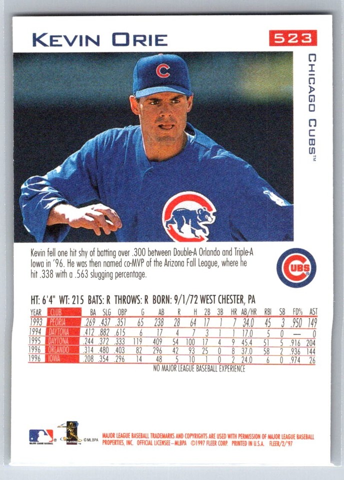 Kevin Orie 1997 Fleer #523 Chicago Cubs Rookie | eBay