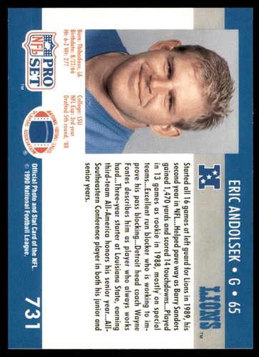 1990 Pro Set Eric Andolsek Rookie Detroit Lions #731 | eBay