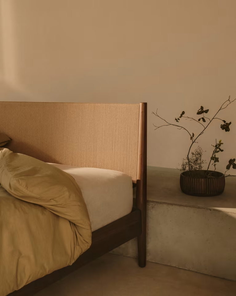 Kave Home Elan bed in veneer and solid walnut wood with cord mattress ...