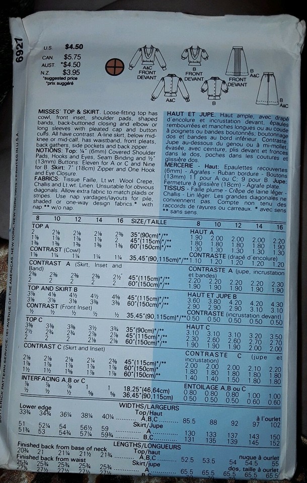 Butterick Sewing Pattern 6927 Misses Top Skirt Richard Warren Sz 16 ...