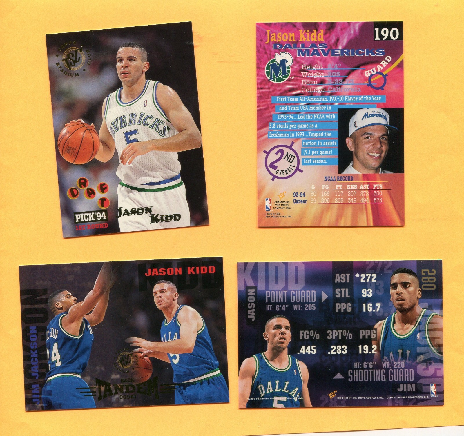 Jason Kidd Dallas Mavericks 1994 Topps Stadium Club #190 & #280 Rookie ...