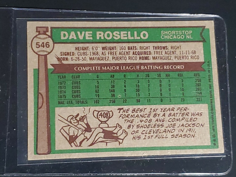 1976 Topps #546 Dave Rosello Chicago Cubs SS NL Central MLB Puerto Rico ...
