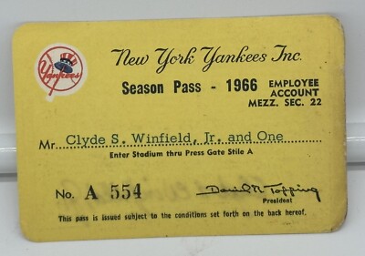 1966 NY Yankees Pass/Ticket Mickey Mantle 23 HR/Last GM CF/ Last GS/Att ...