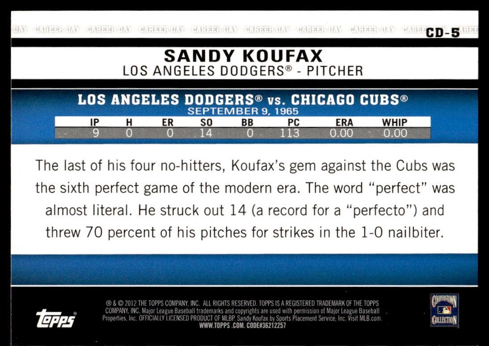2012 Topps #CD-5 Sandy Koufax Career Day | eBay