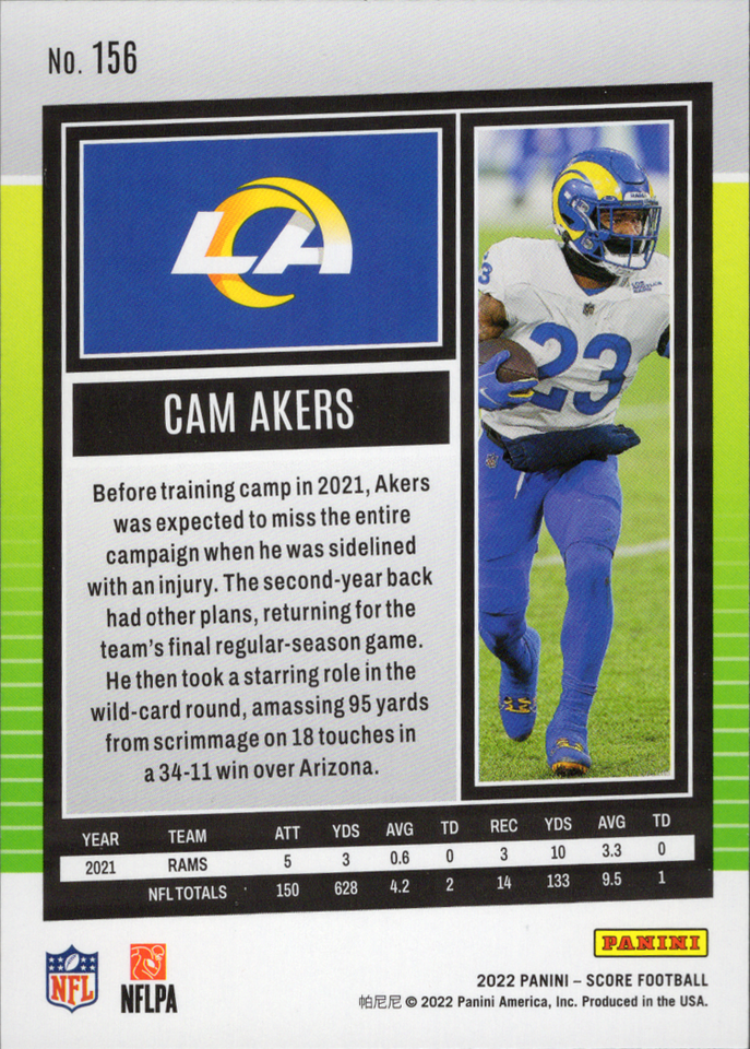 2022 Panini Score Cam Akers #156 Los Angeles Rams Scorecard NFL ...