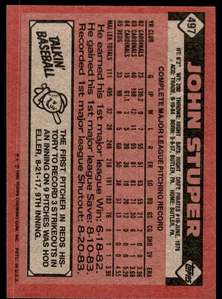 1986 Topps Baseball Card John Stuper Cincinnati Reds #497 | eBay