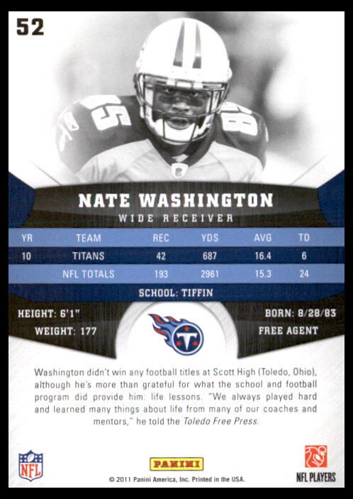 2011 Panini Gridiron Gear #52 Nate Washington Tennessee Titans Football ...